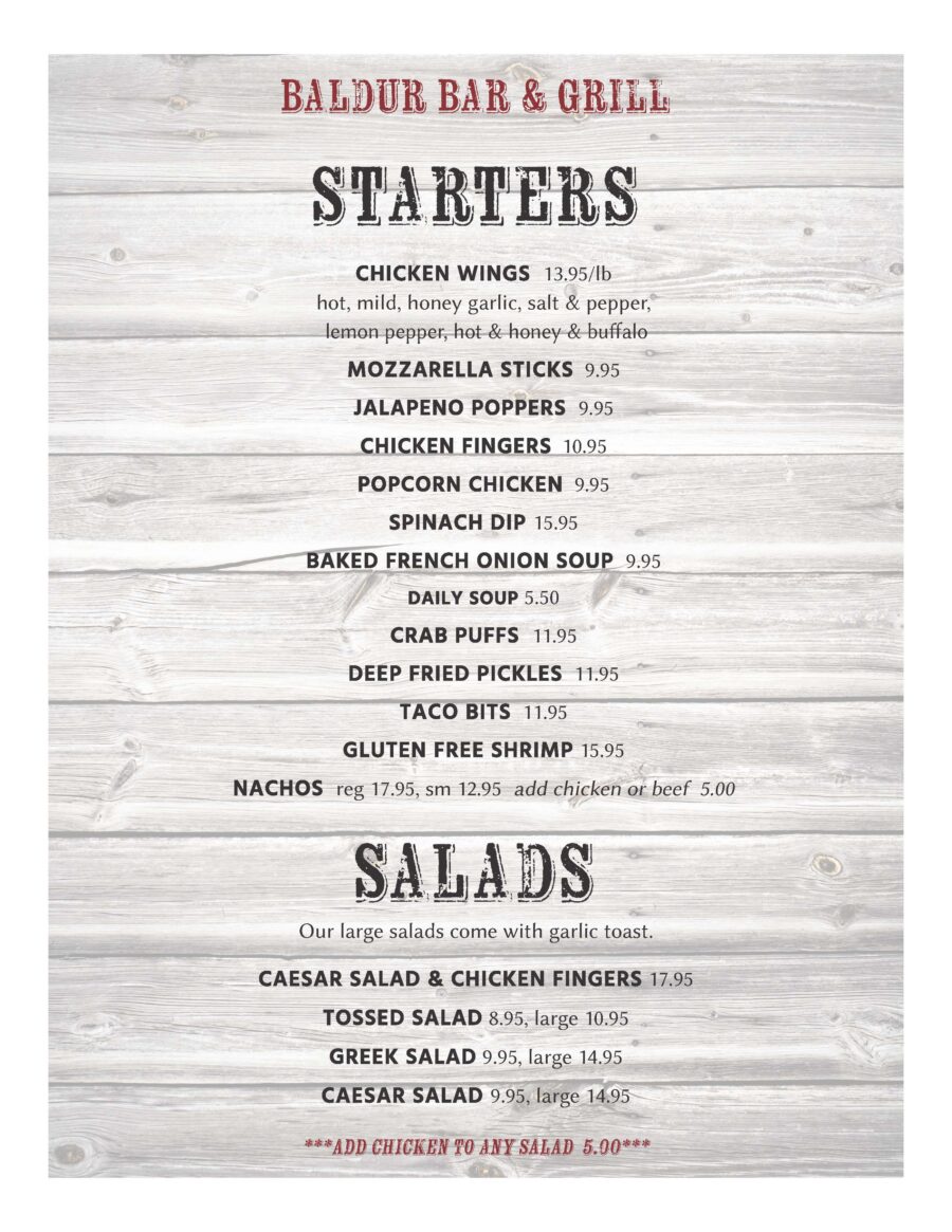 Dine In Menu - Baldur Bar and Grill